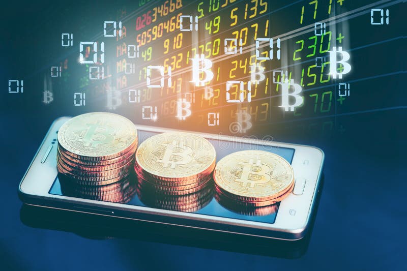 A Digital Money Bitcoin is Placed on the Front of an IPhone.Black Glass ...