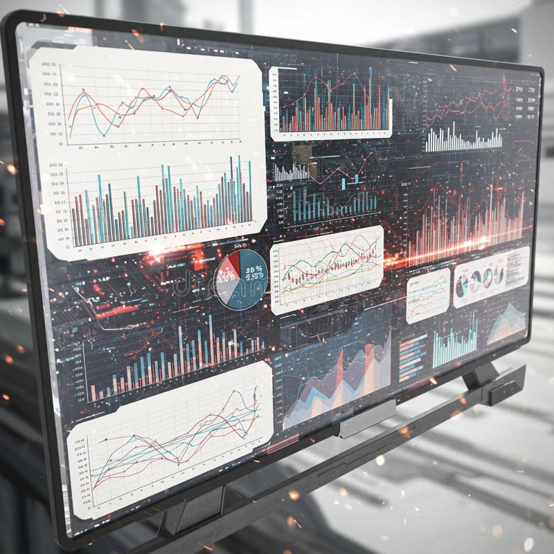 A Digital Monitor Displays Multiple Data Visualizations, Including Line ...