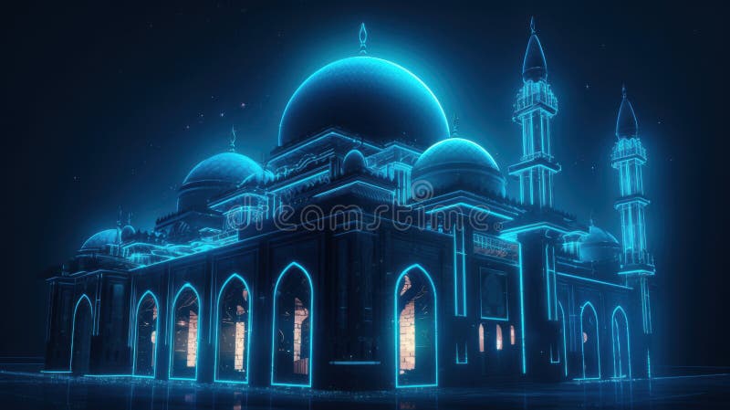 Digital Mosque in Blue Lights. Created by Generative Artificial ...