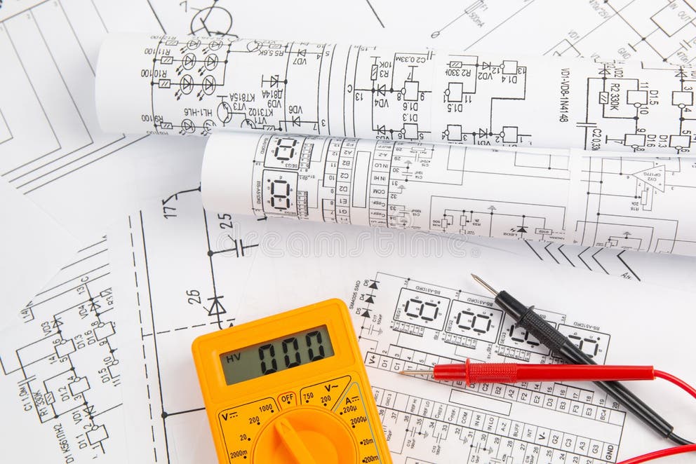 Digital Multimeter and Paper Electrical Engineering Drawings Stock ...