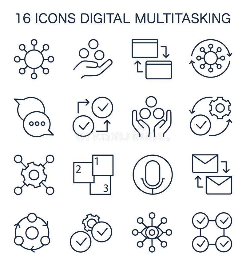 Digital Multitasking Icons Set. Effectiveness and Competence, Media ...