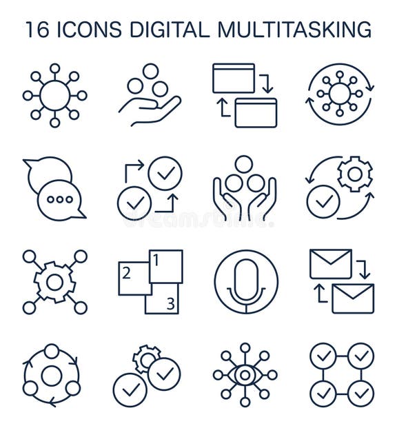 Digital Multitasking Icons Set. Effectiveness and Competence, Media ...