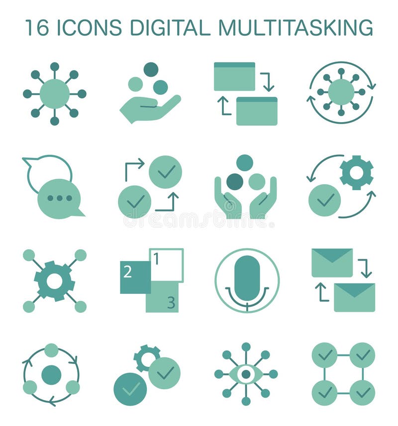 Digital Multitasking Icons Set. Effectiveness and Competence, Media ...