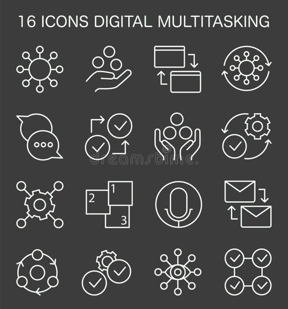 Digital Multitasking Icons Set. Effectiveness and Competence, Media ...