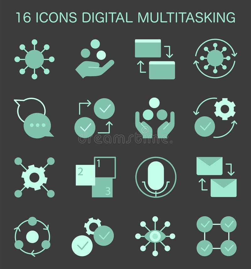 Digital Multitasking Icons Set. Effectiveness and Competence, Media ...