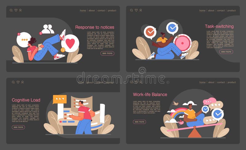 Digital Multitasking Web Banner or Landing Page Dark or Night Mode Set. Stock Vector ...