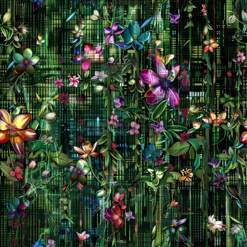 Digital Nature Fusion: Vibrant Flowers Intertwined with Binary Code ...