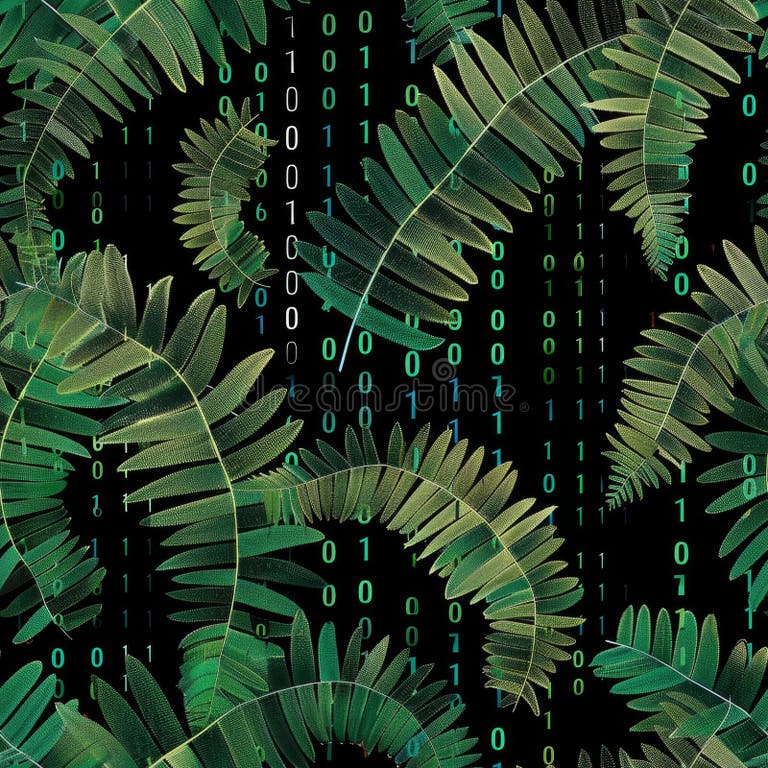 Digital Nature: Tropical Ferns Over Binary Code Background Stock Photo ...