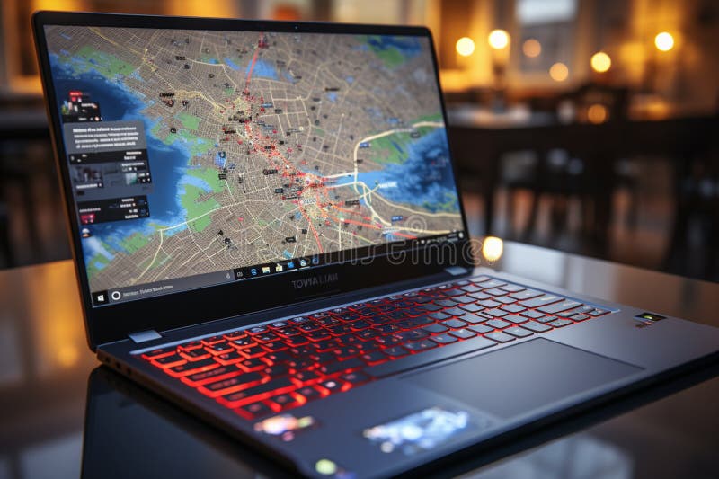 Digital Navigation, Laptop Showing 3D Map Pointer Indicating a Specific ...
