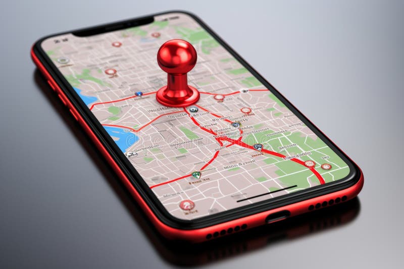 Digital Navigation Smartphone Display with 3D Red Map Pointer Icon ...