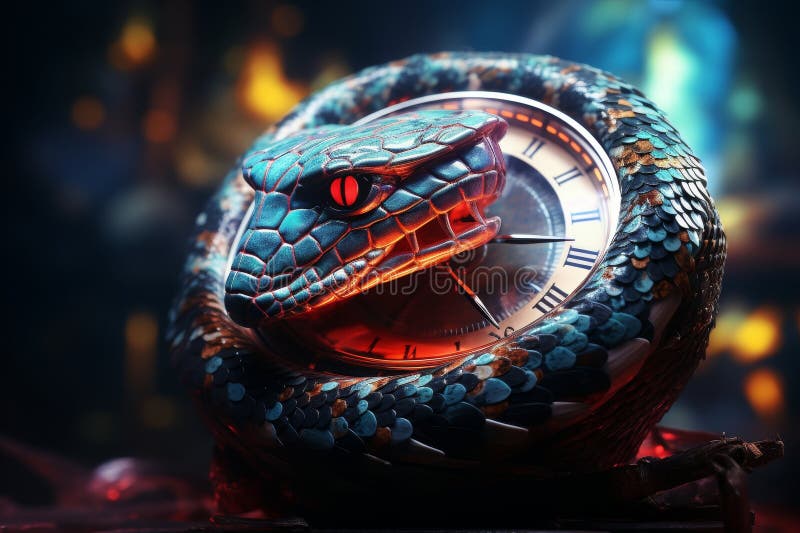 Digital Nebula with 2025 Numbers, Snake on Clock at Midnight Futuristic ...