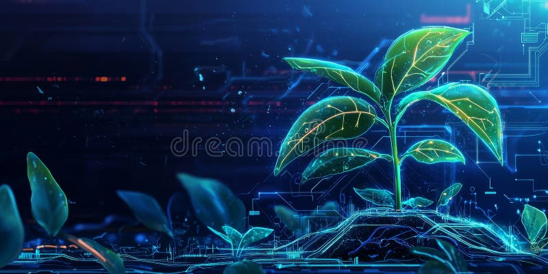 Digital Neon Bean Plant Sprouting in Abstract Futuristic Setting Stock ...