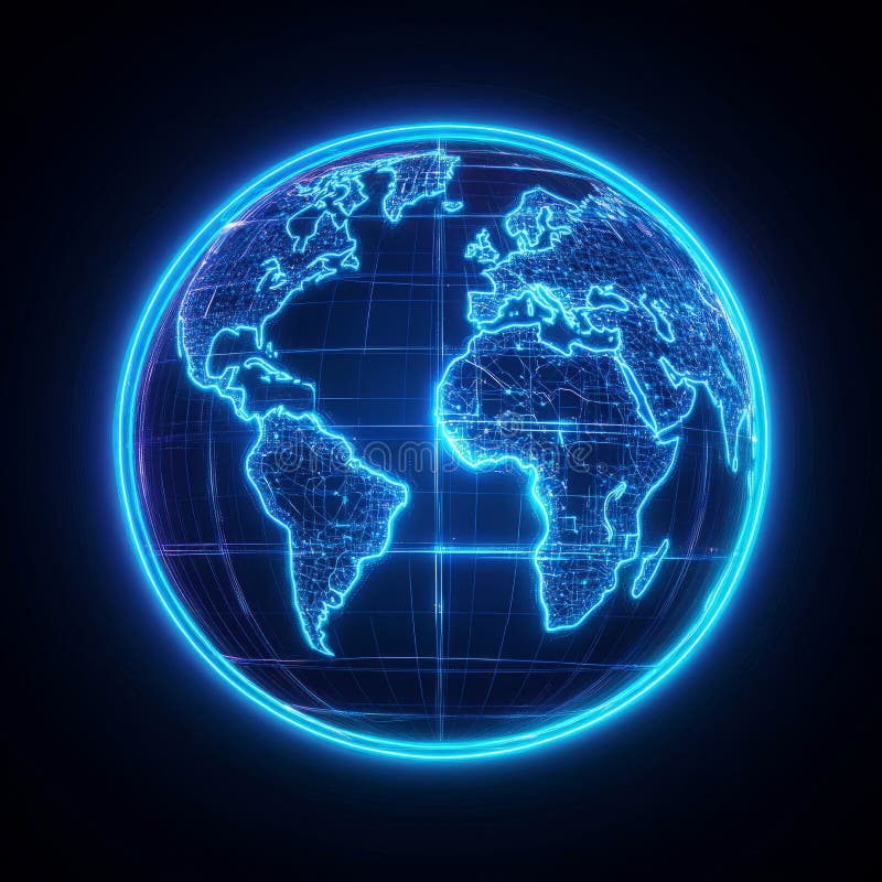 Digital Neon Wireframe Globe on Dark Background. Stock Image - Image of ...