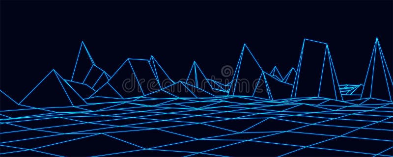 Digital Neon Wireframe Landscape. Wireframe Terrain Polygon Landscape ...