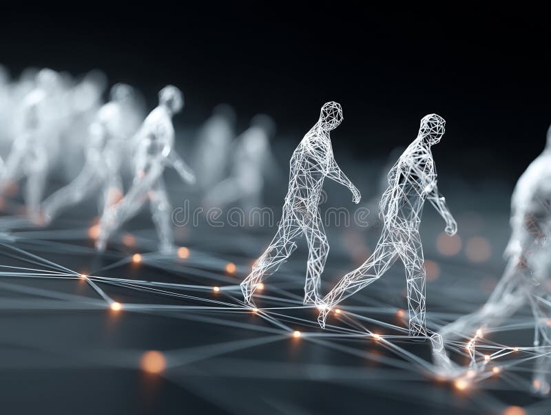 Digital Network with Abstract Figures Walking, Symbolizing Progress and ...