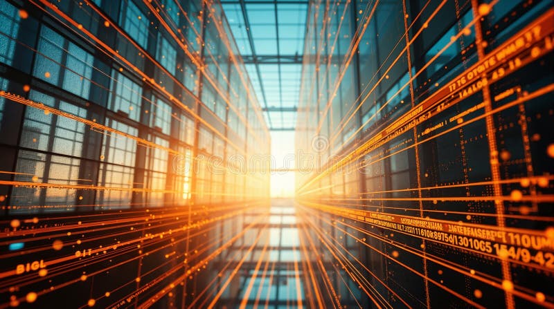 Digital Network Architecture with Glowing Orange Data Lines in Modern ...
