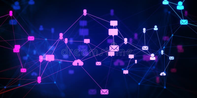 Digital Network Communication with Glowing Social Media Icons on Dark ...