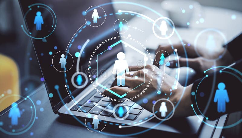 Digital Network Concept with Hologram Icons on Laptop Screen Stock ...