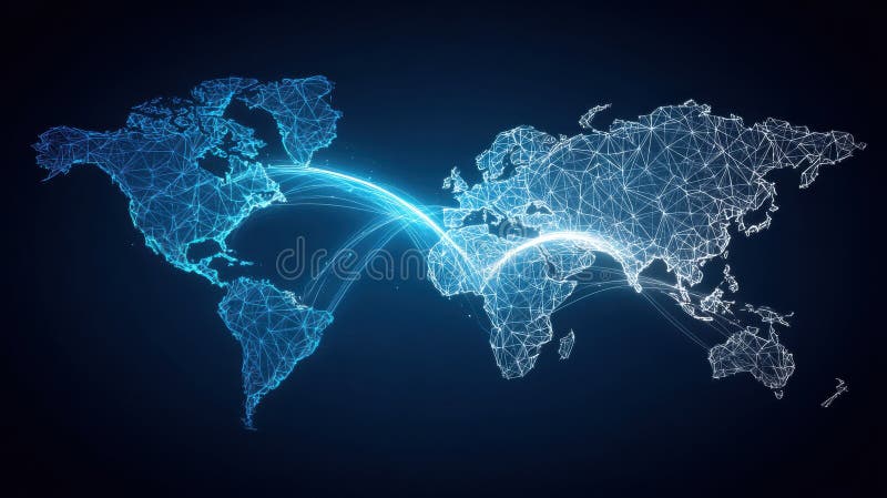 Digital Network Connecting Continents in a Global Map Visualization with Interconnected Data ...