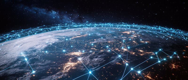 A Digital Network Connecting the Globe, Seen from Space, with Glowing ...