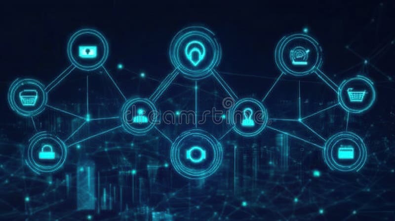 Digital Network Connecting Various E-commerce Icons Over a Cityscape ...