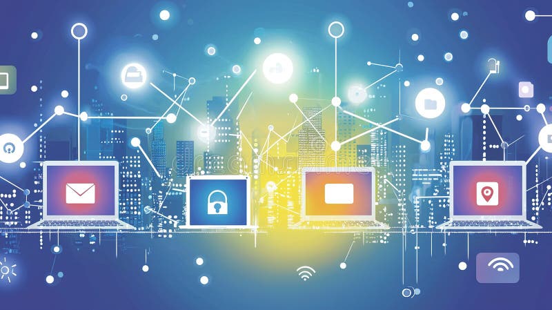 Digital Network Connection with Animated Laptops Illustrating ...