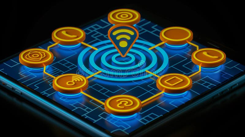 Digital Network Connection Icons on Glowing Smart Device Stock ...
