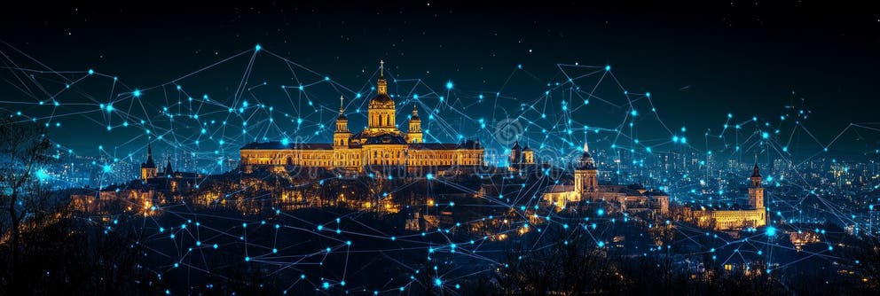 Digital Network Connection Illuminates a Medieval City Complex at Night ...