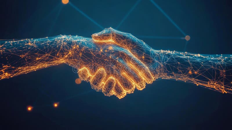 Digital Network Connection. Two Hands Shaking from Web Lines and ...