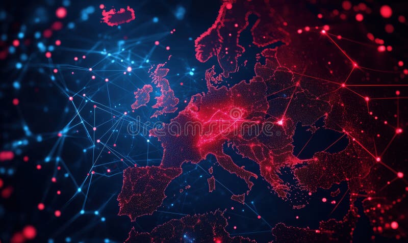 Digital Network Connections Across Europe Visualized with Glowing Nodes ...