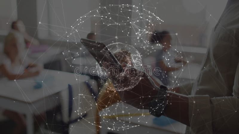 Digital Network Connections Animation Over Person Using Tablet in ...