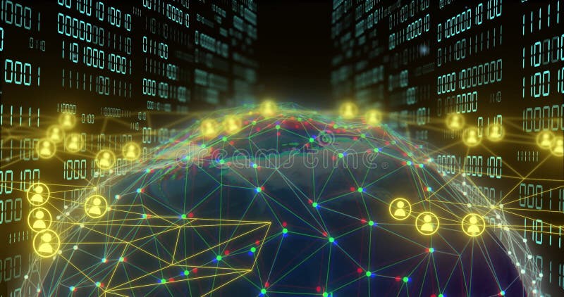 Digital Network Connections and Binary Code Animation Over Globe with Glowing Nodes Stock ...