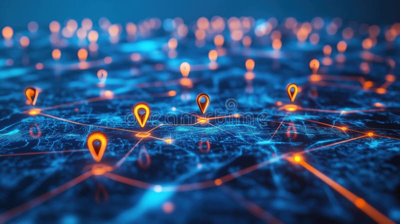 Digital Network Connections with Glowing Location Pins and Data Points ...