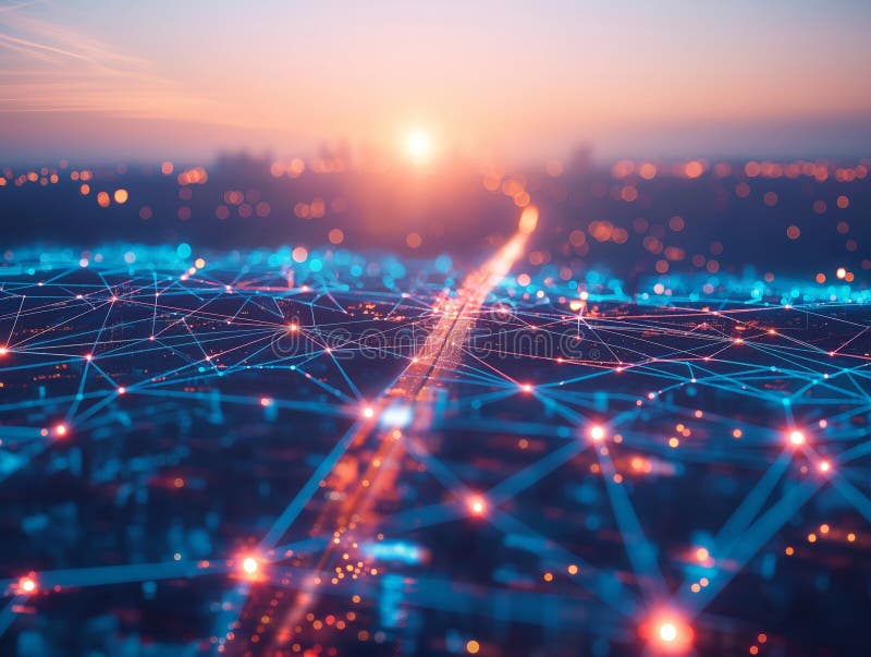 Cityscape Dusk Illuminated Network Connections Symbolizing Technology ...