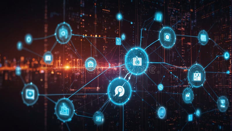 Digital Network with Cybersecurity Icons and City Lights in the ...