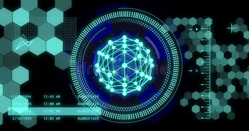 Digital Network and Data Visualization Animation Over Futuristic Interface with Hexagonal ...