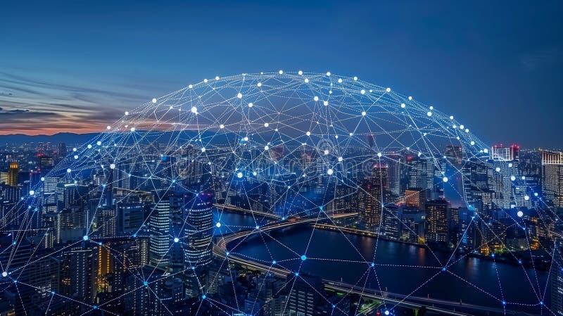 Digital Network Dome Over Modern City Skyline at Dusk Stock ...