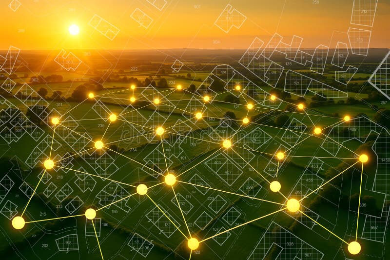 Digital Network and Energy Grid System Overlay on Rural Landscape at ...