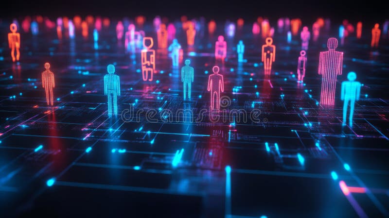 Digital Network of Glowing Human Figures in a Cybernetic Grid Stock ...
