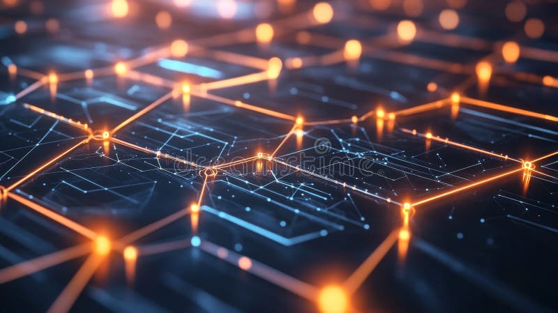 Digital Network Glowing with Orange and Blue Circuit Lines Stock ...