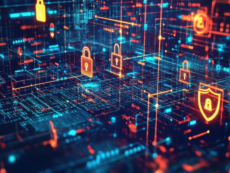 Digital Network with Glowing Padlocks and Shield Stock Illustration ...