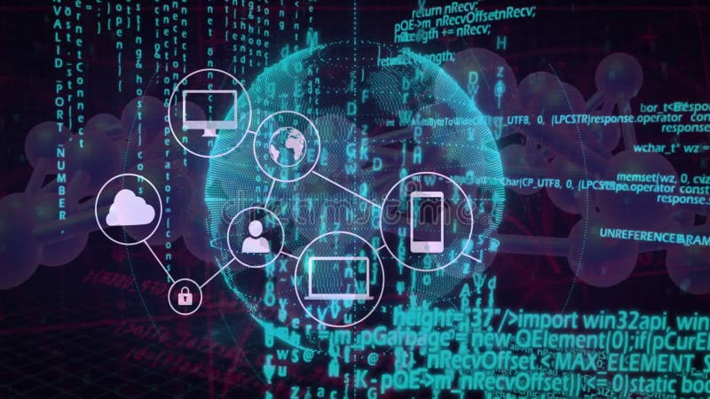 Digital Network Icons and Binary Code Animation Over Globe and Data ... Digital Network Icons and Binary Code Animation Over Globe and Data ...