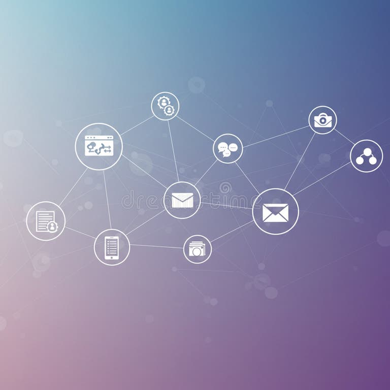 A Digital Network Illustration Features Various Interconnected Icons on a Gradient Stock ...
