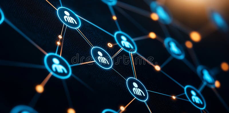 Digital Network Illustration Featuring Glowing Blue Icons Representing ...