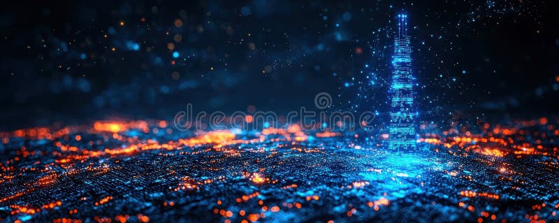 Digital Network Illustration with Neon Visuals and a Central Tower ...