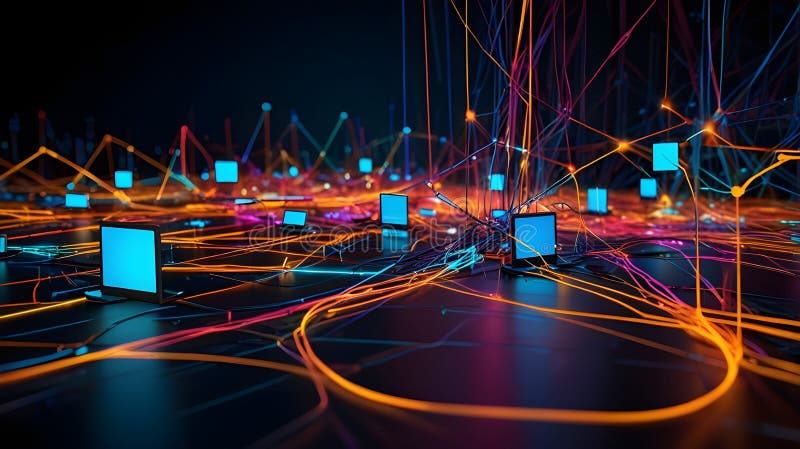 Digital Network with Interconnected Devices and Vibrant, Glowing Lines ...