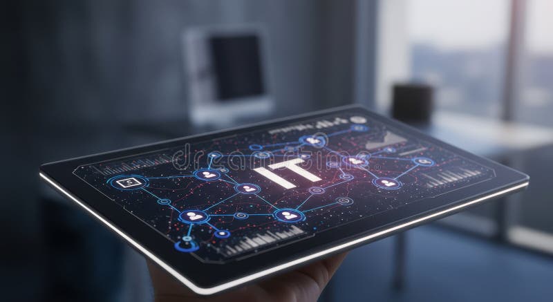 Digital Network Interface on Tablet in Modern Office Setting Stock ...