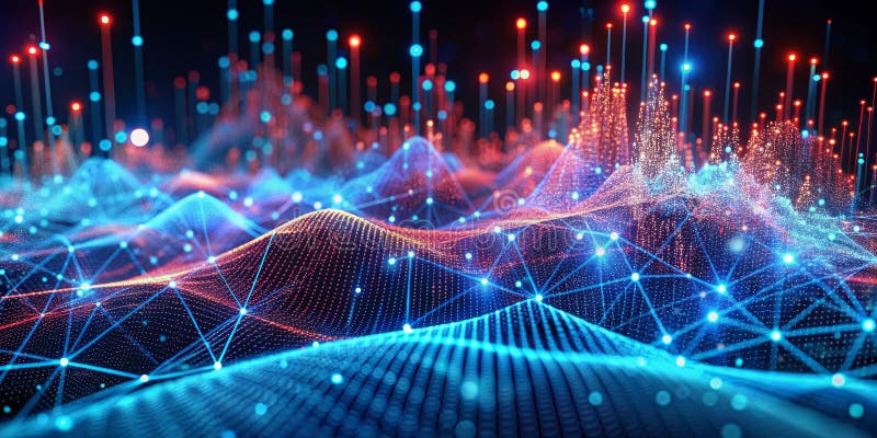 Digital Network Landscape - 3D Render of a Blue and Red Network with ...