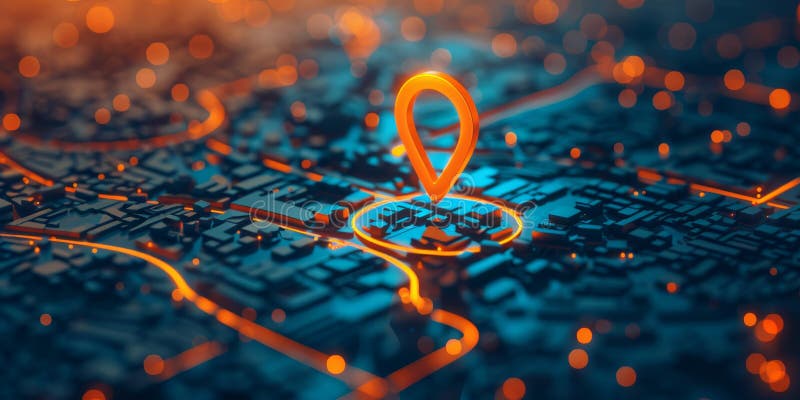 Digital Network Map with Orange Pin Shows Connectivity and Technology ...