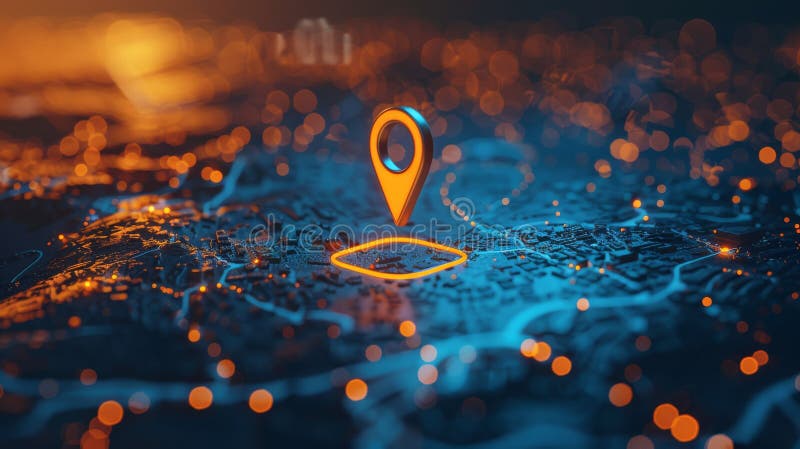 Digital Network Map with Orange Pin Shows Connectivity and Technology ...